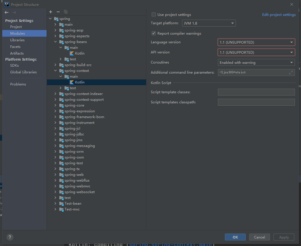 Spring源码编译过程中出现Kotlin: Language version 1.1 is no longer supported ...
