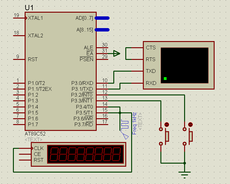 Proteus仿真：C51中断函数实例_要求外部中断int0和int1为低电平触发,相应引脚分别接一按钮,按钮按下接地输入低电-CSDN博客