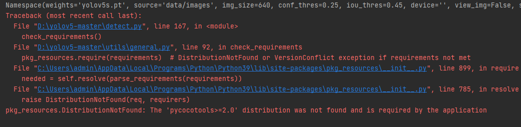 yolov5#The ‘pycocotools＞=2.0‘ distribution was not found#ERROR: Failed building wheel ...