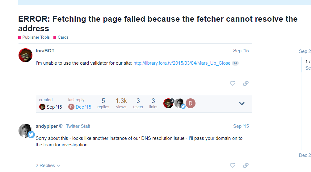 twitter card 不生效（ERROR: Fetching the page failed because the fetcher cannot resolve the address ...