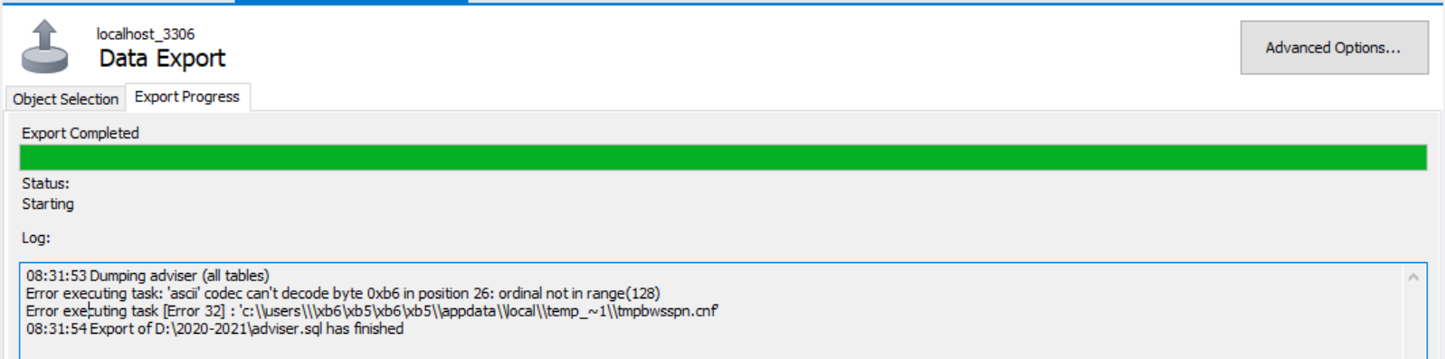 关于MySQL Workbench数据库导出失败_error executing task: 'ascii' codec can't decode b-CSDN博客