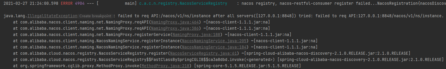 微服务注册与发现之Nacos：failed to req API:/nacos/v1/ns/instance after all servers([127.0.0.1:8848])_，8849 ...