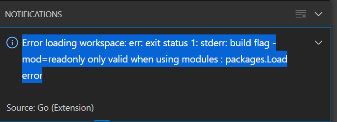 vscode 通知： Error loading workspace: err: exit status 1: stderr: build flag -mod=readonly only ...