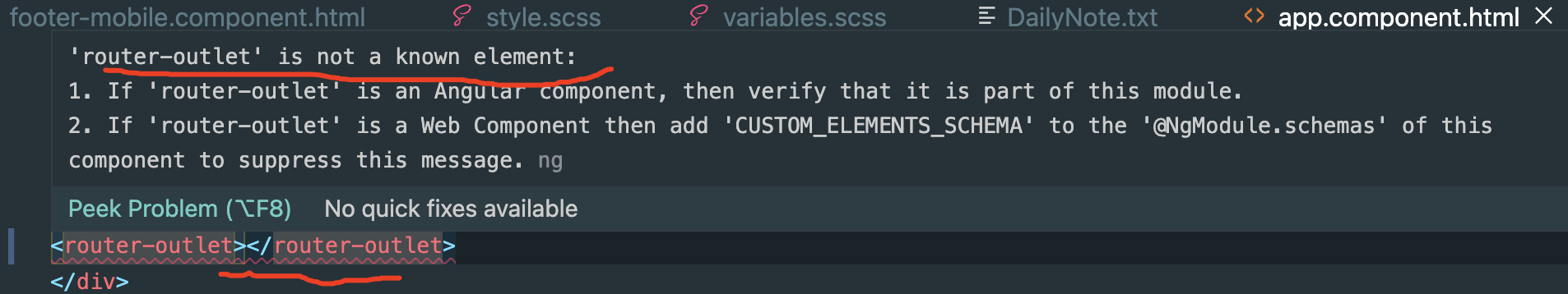 解决 Angular 项目中，添加 ＜router-outlet＞ 标签后，报错: ‘router-outlet’ is not a known element 的问题。_router ...