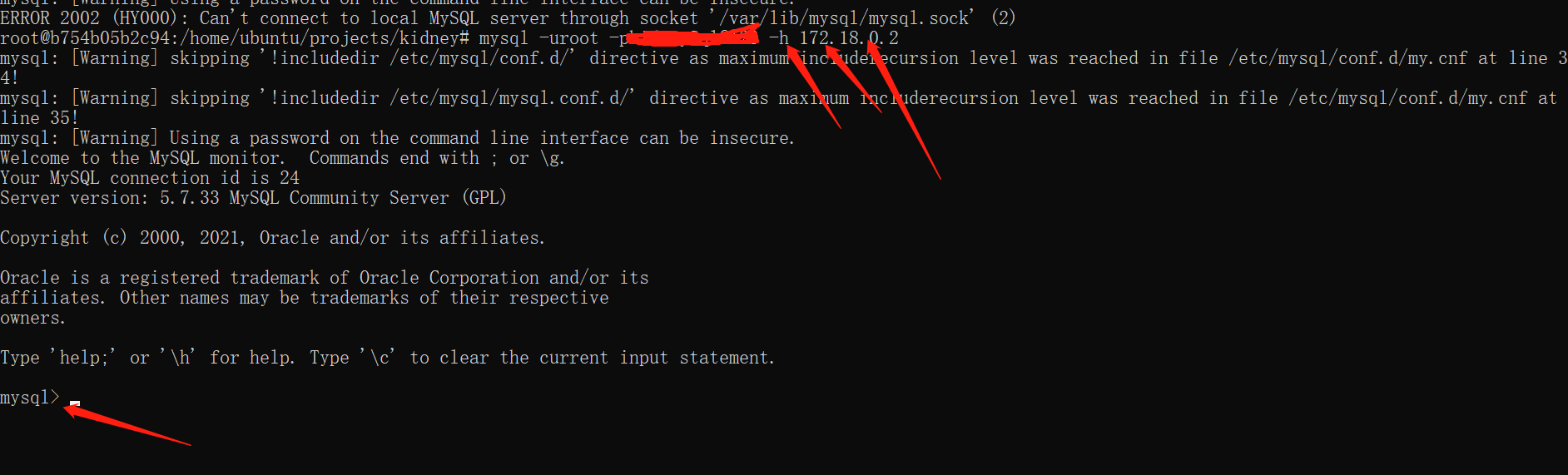 在docker中登录mysql报Can‘t connect to local MySQL server through socket ‘/var/lib/mysql/mysql.sock ...