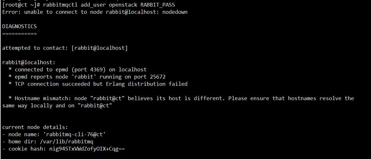 openstack搭建环境架构：rabbitmqctl add_user openstack RABBIT_PASS报错_rabbit@localhost: * connected to ...