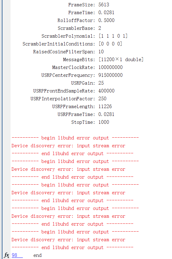MATLAB环境中使用USRP进行数据收发报错：“Device discovery error: input stream error”_matlab input stream error ...