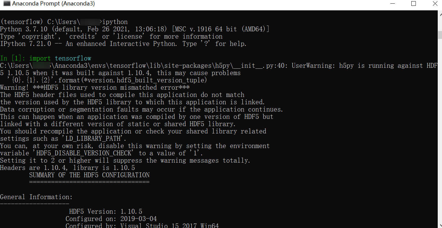 tensorflow验证报错： UserWarning: h5py is running against HDF5 1.10.5 when it was built against 1.10. ...