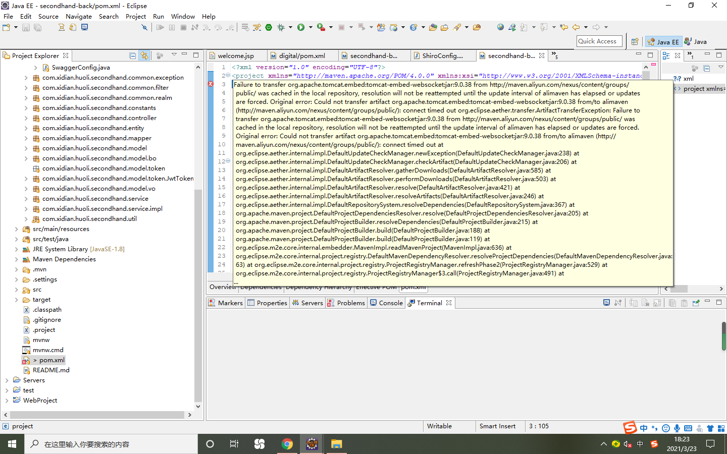 当eclipse-mars导入maven项目时pom文件出现Failure to transfer org.apache.tomcat.embed:tomcat-embed-websocket ...