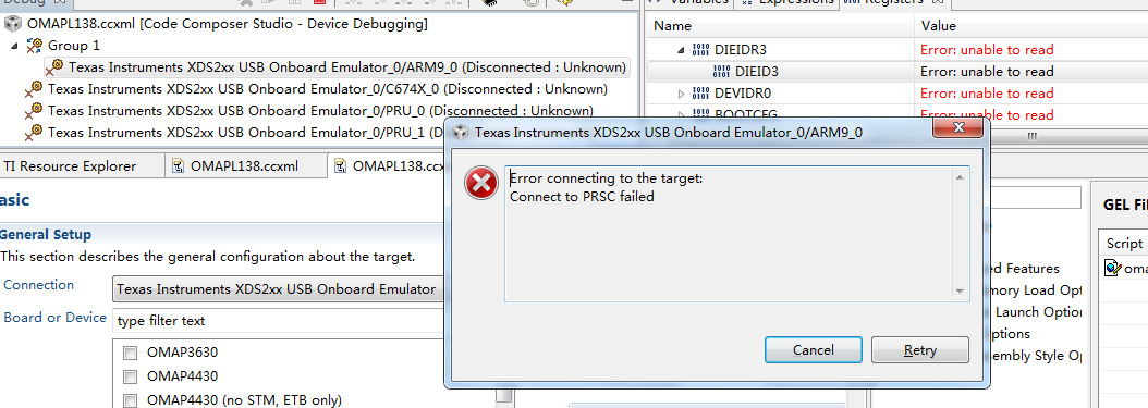 OMAPL138报Error connecting to the target:Connect to PRSC failed解决办法-CSDN博客