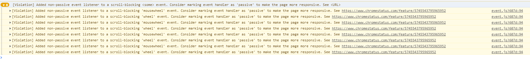 [Violation] Added non-passive event listener to a scroll-blocking ＜some＞ event. Consider marking ...