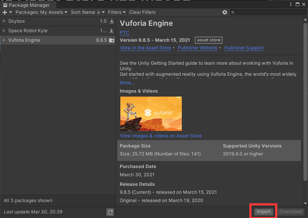 AR春联（Vuforia学习）[使用Unity2020.3.1和com.ptc.vuforia.engine-9.4.6_2.tgz]（配置）1_vuforia engine包-CSDN博客