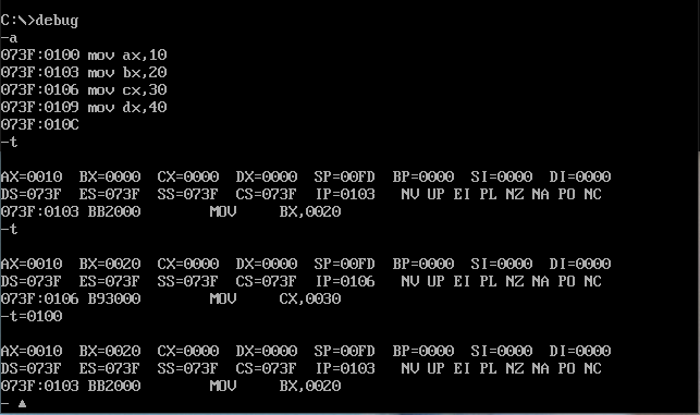 【汇编语言】DOSBox DEBUG的命令_dosbox 修改标志寄存器的值,使得进位标志位为1,符号标志位为1其他不变-CSDN博客