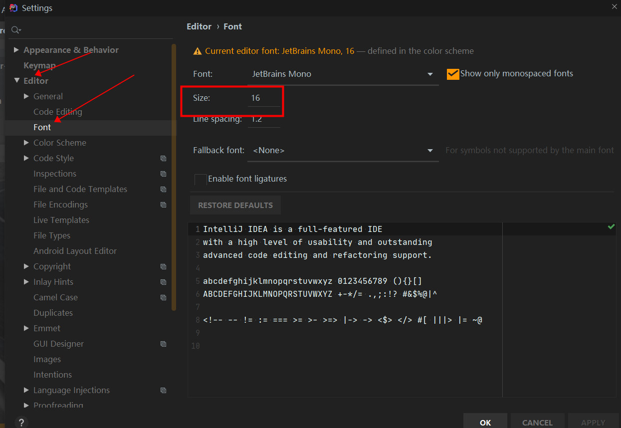 IDEA如何设置代码字体大小（包括原生字体大小、使用Material Theme UI 主题插件后的字体大小）_material theme ui 设置字体-CSDN博客