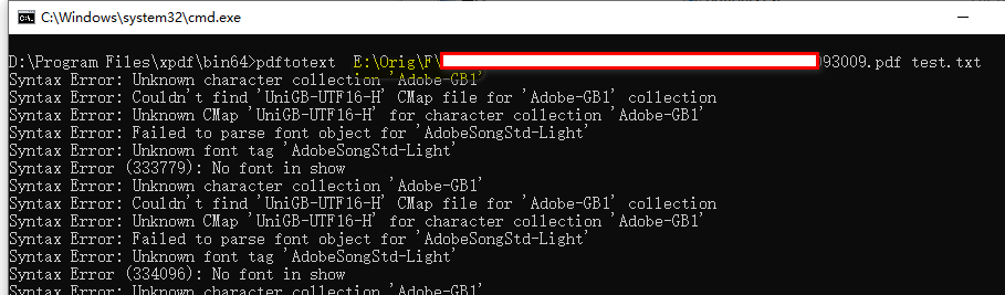xpdf转换中文pdf时报错字库缺失:Unknown character collection Adobe-GB1_unknown cmap 'unigb-ucs2-h' for ...