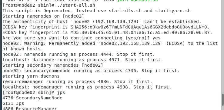 node02: Warning: Permanently added ‘node02,192.168.139.129‘ (ECDSA) to the list of known hosts ...