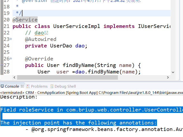 Field roleService in com.briup.web.controller.UserController required a bean of type ‘com.briup ...