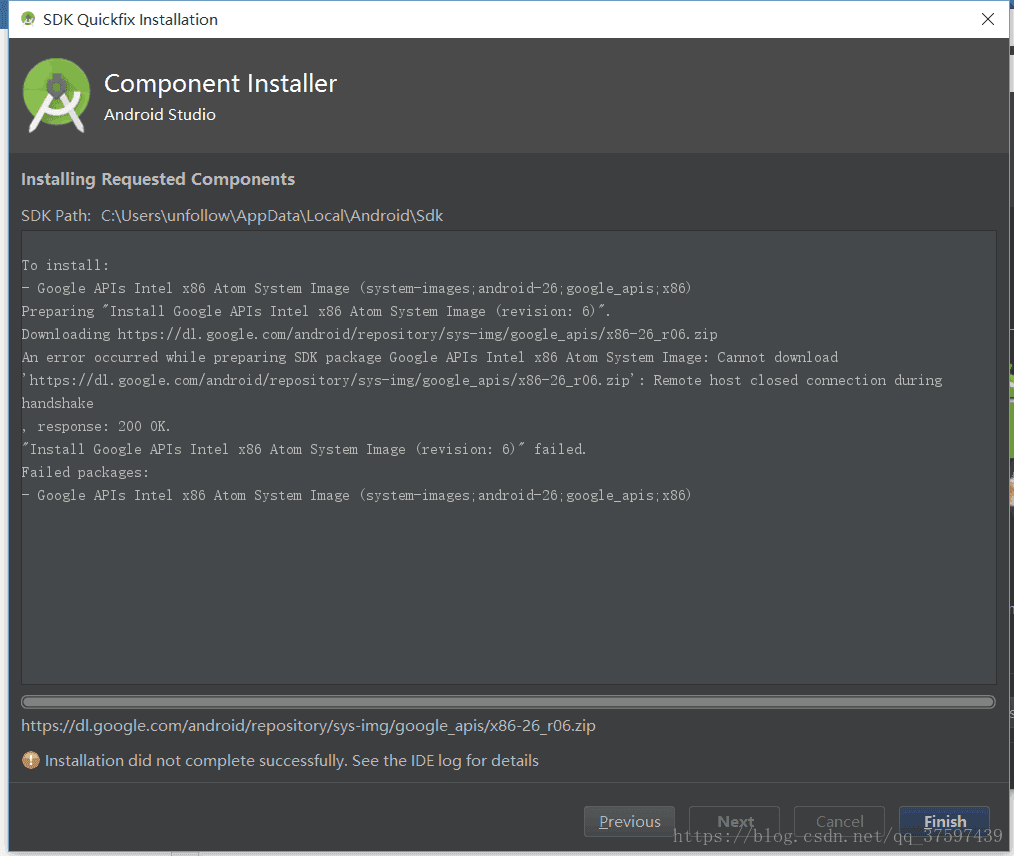 Android Studio 安装虚拟机时下载报错：Installation did not complete successful.See the IDE log for details ...