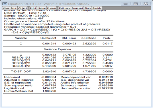 EVIEWS：ARCH类、GARCH、EGARCH，建模估计沪深300指数2019-2020年交易日的波动率，并对结果进行分析。_garch ...