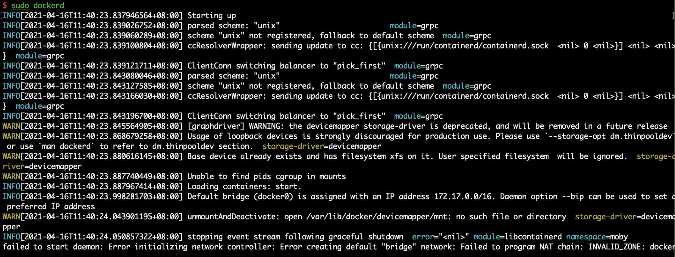 failed to start daemon: Error initializing network controller: Error creating default “bridge ...