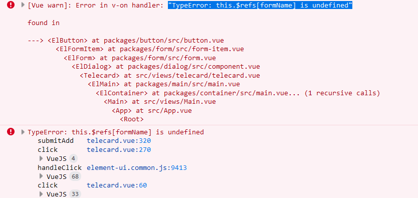 vue-element-ui 中使用 el-form 报错 “TypeError: this.$refs[formName] is undefined“-CSDN博客