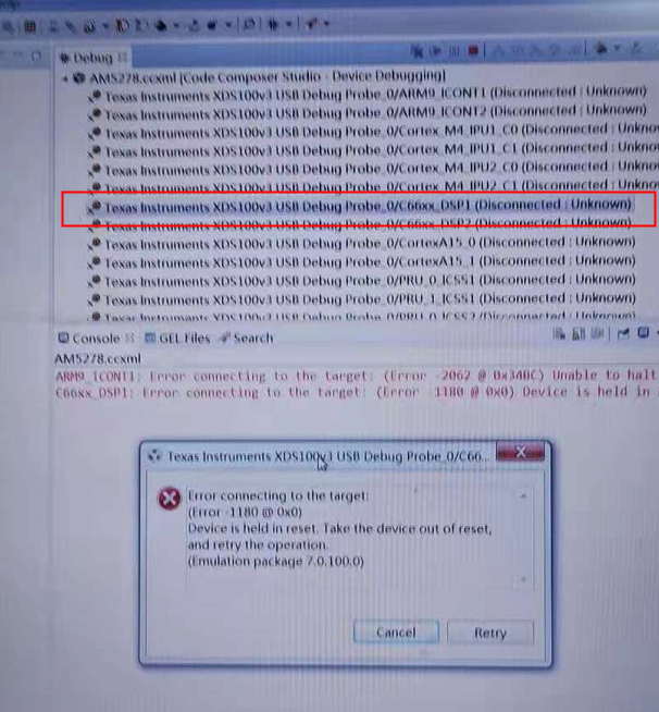 AM5728开发板用仿真器XDS100V3 无法连接DSP核_device is held in reset. take the device out of re-CSDN博客
