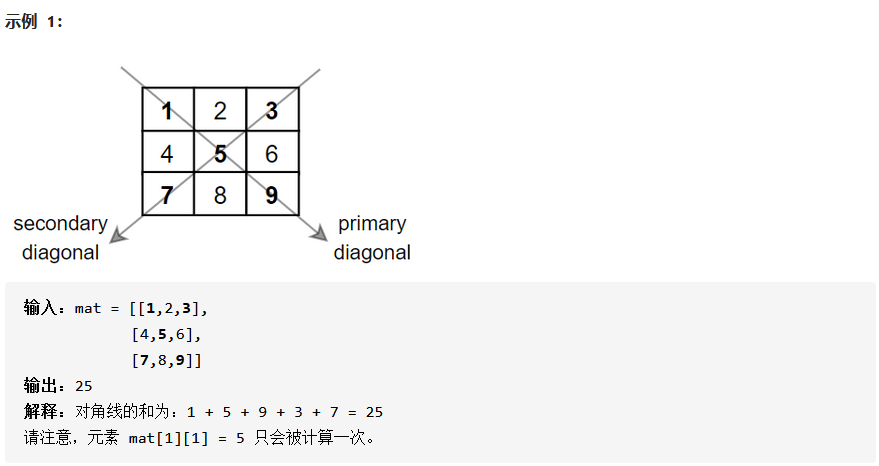 leetcode 1572.矩阵对角线元素的和_我们用二维数组mat代表一个正方形矩阵,请你设计一个算法返回矩阵对角线元素的-CSDN博客