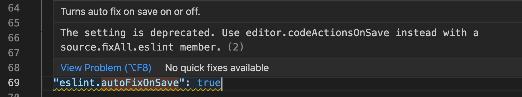 vscode的elsint配置报错“The setting is deprecated. Use editor.codeActionsOnSave instead with a source ...