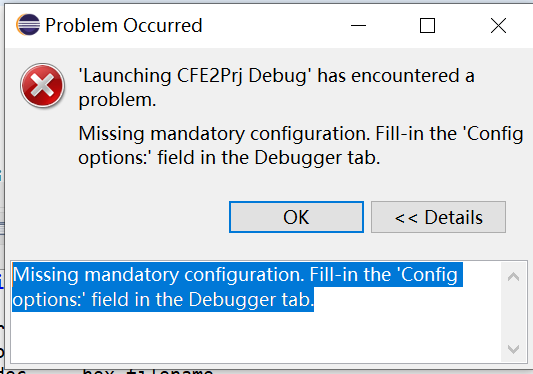 olimx_jtag连接异常问题：Missing mandatory configuration. Fill-in the ‘Config options:‘ field in the ...