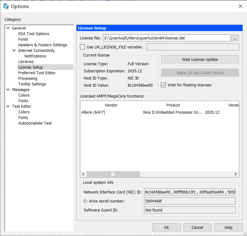QuartusII全编译报错Error: Current license file does not support the EP4CE6E22C8 device_error (119013 ...