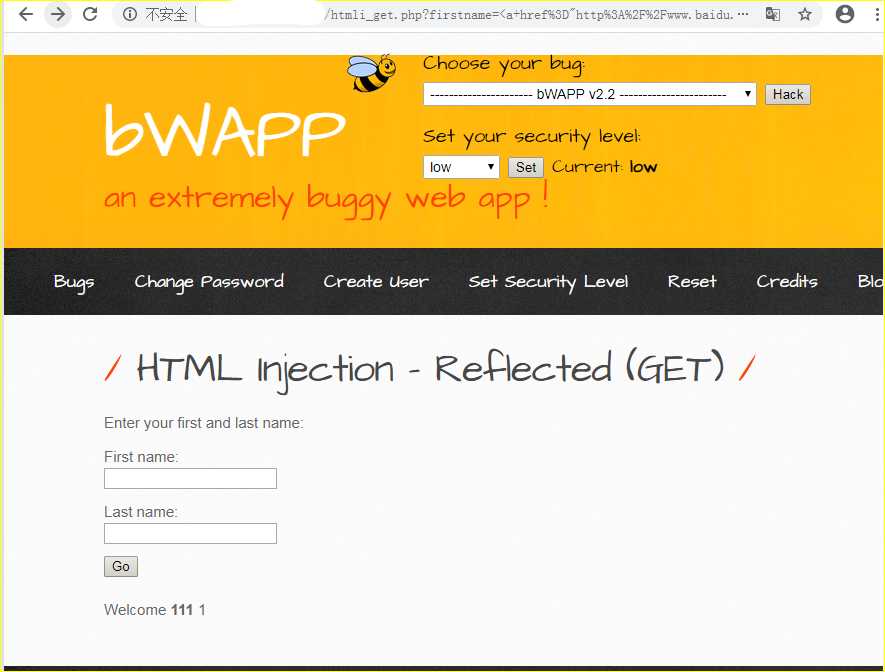 BWAPP靶场-HTML injection-Reflected（GET）_服务器对用户输入数据未做过滤或过滤不完全被绕过,导致用户恶意构造的html代码输-CSDN博客