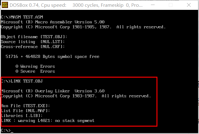 DOSBOX中的简单的masm 、link操作以及多个文件的连接输出hello word！_masm link-CSDN博客
