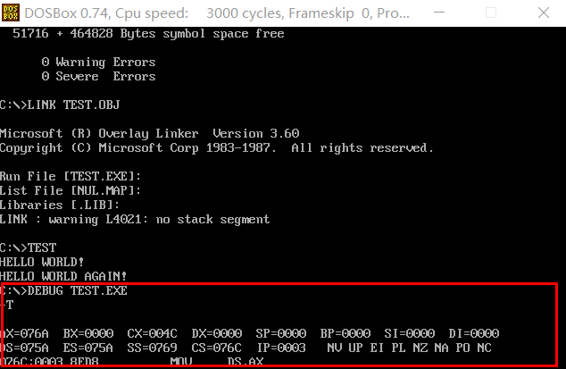 DOSBOX中的简单的masm 、link操作以及多个文件的连接输出hello word！_masm link-CSDN博客