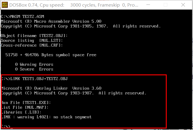 DOSBOX中的简单的masm 、link操作以及多个文件的连接输出hello word！_masm link-CSDN博客