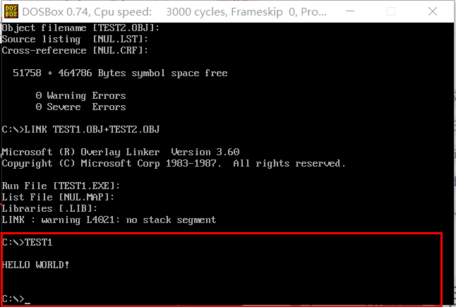 DOSBOX中的简单的masm 、link操作以及多个文件的连接输出hello word！_masm link-CSDN博客