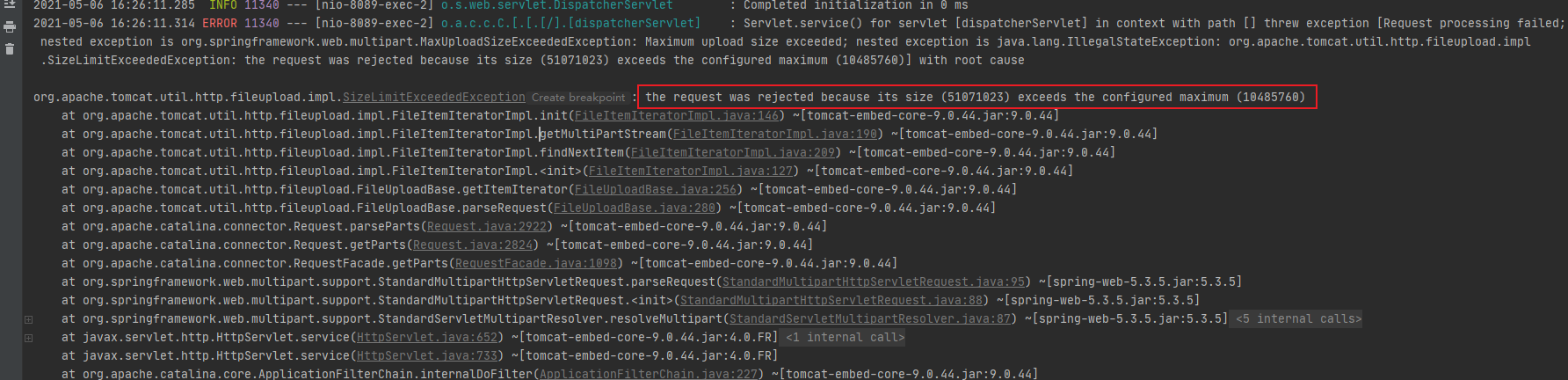 Java中使用multipartfile类型接收前端上传的文件过大报异常解决 Fileupload Impl Sizelimitexceededexception The Re Csdn博客