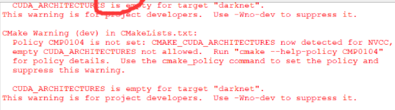 CMP0104: CMAKE_CUDA_ARCHITECTURES now detected for NVCC, empty CUDA_ARCHITECTURES not allowed ...
