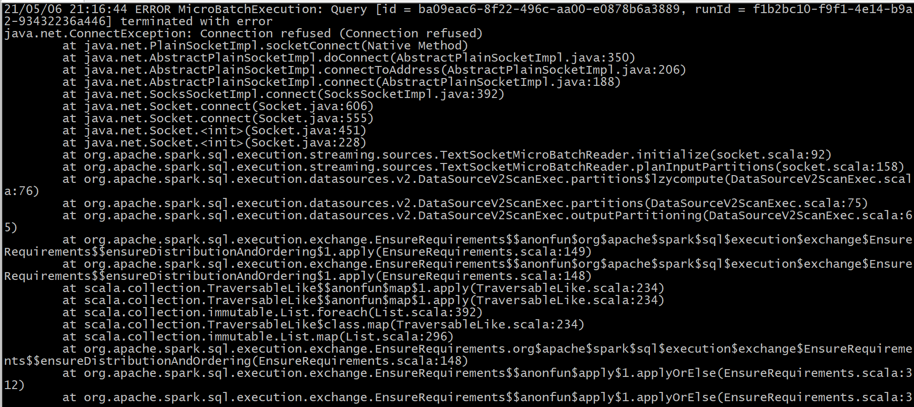 ERROR MicroBatchExecution: Query [id = ba09eac6-8f22-496c-aa00-e0878b6a3889, runId = f1b2bc10 ...