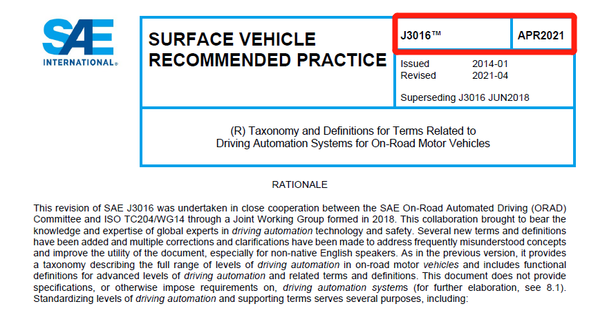 SAE J3016 自动驾驶分级定义 2021年4月更新_sae international与国际标准化组织(iso)共同宣布了一项重要的举措,决定对现有的j-CSDN博客