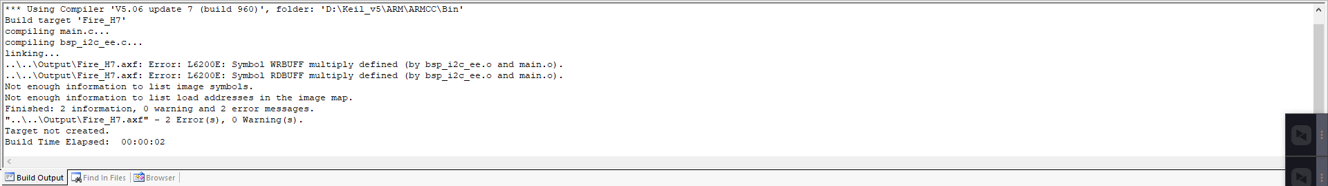 Output\Fire_H7.axf: Error: L6200E: Symbol WRBUFF multiply defined (by bsp_i2c_ee.o and main.o ...