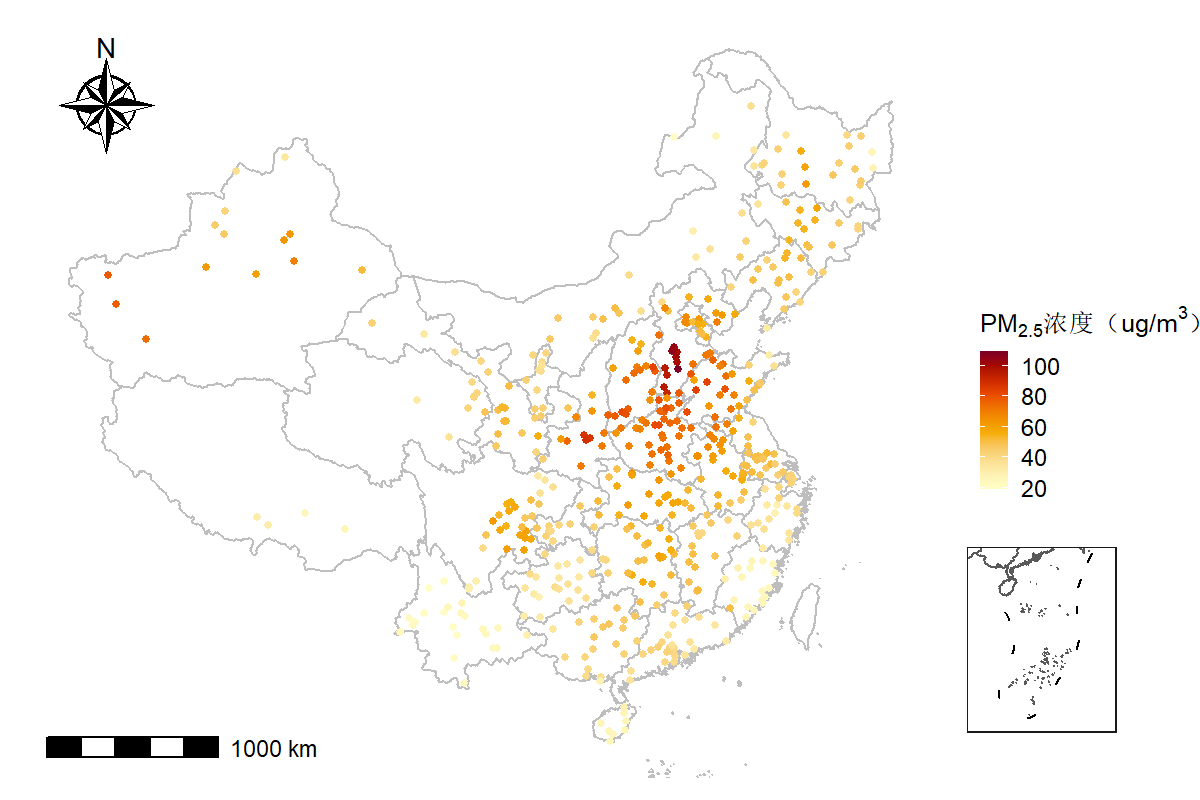R语言绘制中国地图，增加指北针、比例尺和九段线区域小图_4326坐标如何给中国加九段线-CSDN博客