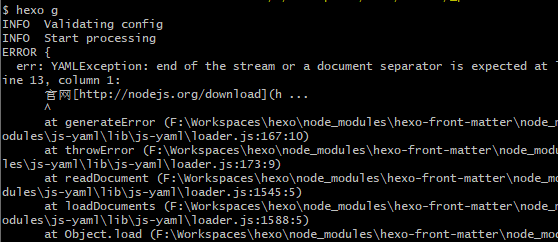 hexo加载报错 end of the stream or a document separator is expected at line 13, column 1:_parser ...