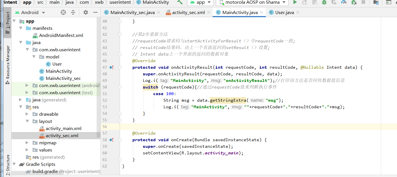 Android Studio基础项目-两个Activity的Intent跳转与传值，并onActivityResult回传一个/多个值，与回传消息内容。_android studio ...