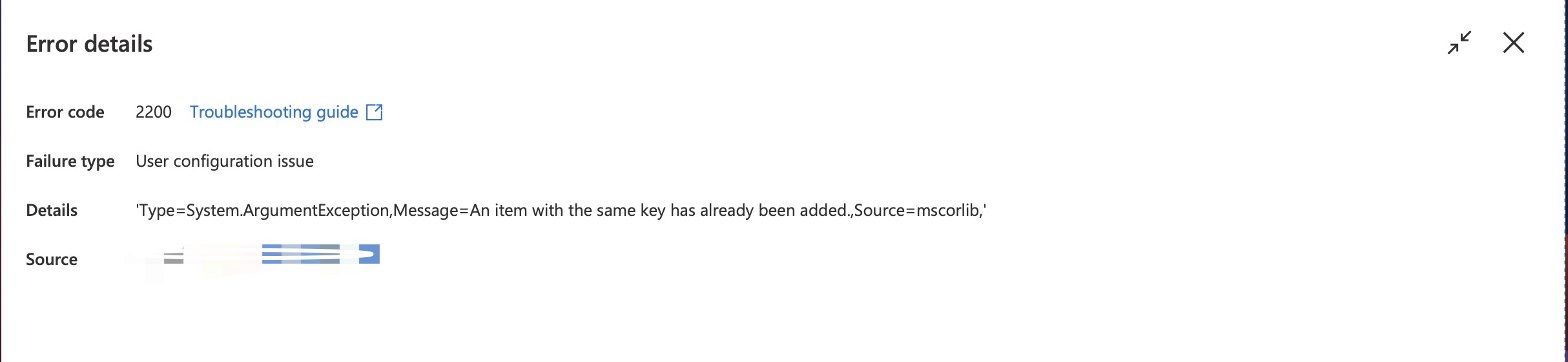 Datafactory出现Type=System.ArgumentException,Message=An item with the same key has already been的错误 ...