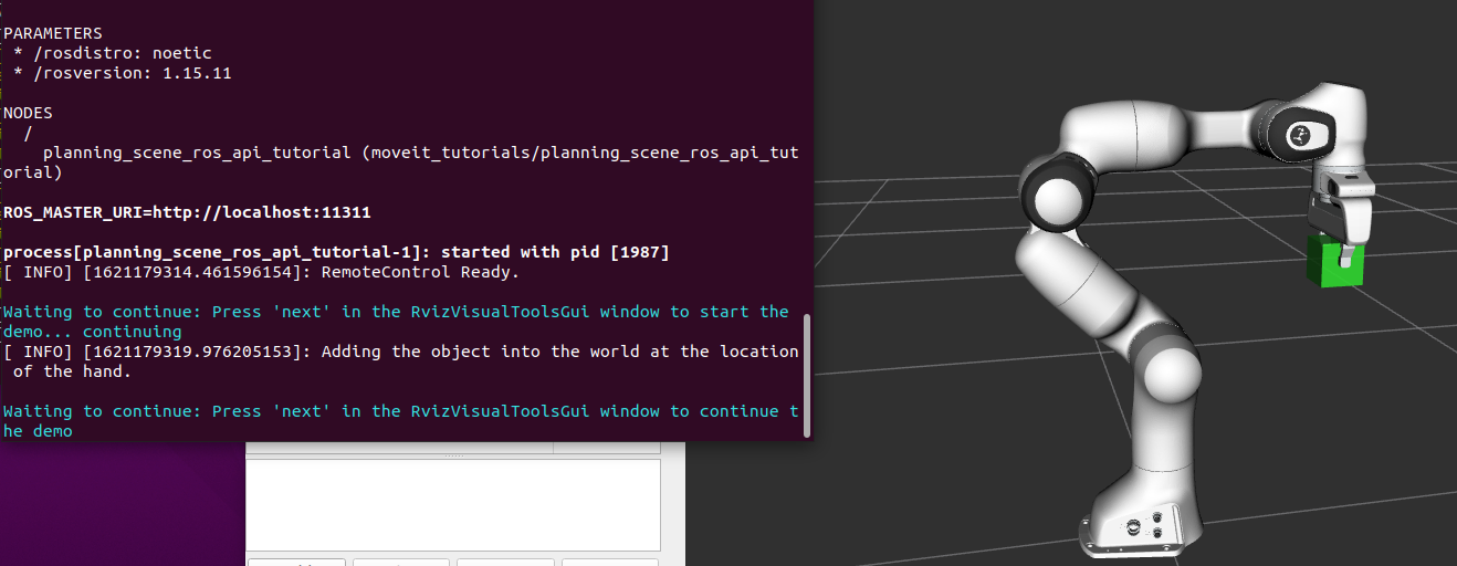 Ubuntu20.04，ROS Neotic。Move It！（7）规划场景ROS API Planning Scene ROS API_waiting to continue: press ...
