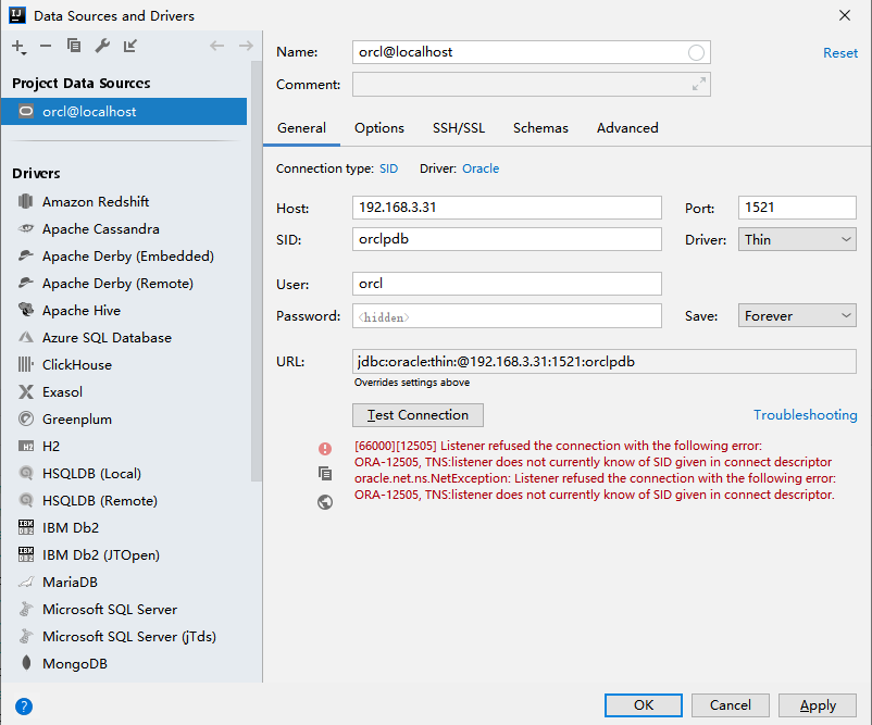 idea连接oracle可插拔数据库报ORA-12505_[66000][12505] listener refused the connection wit-CSDN博客