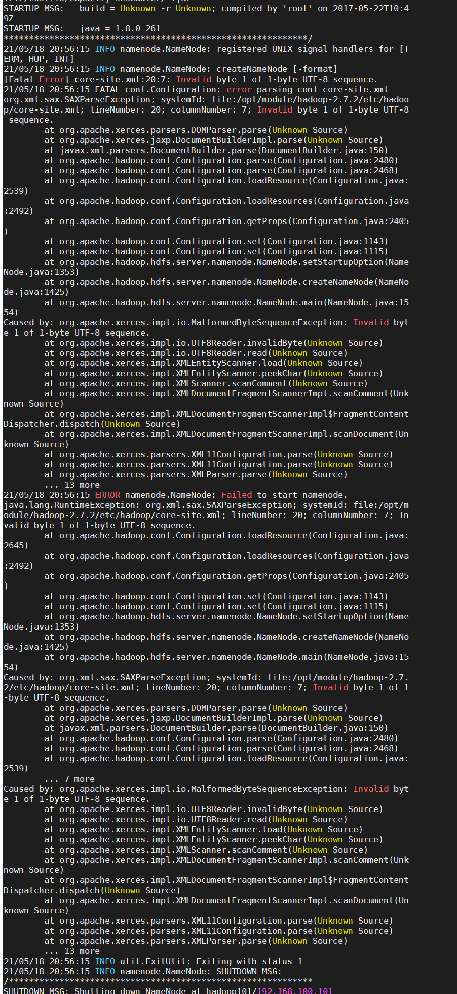 hadoop格式化时出现编码错误解决_master: [fatal error] core-site.xml:43:3: the elem-CSDN博客