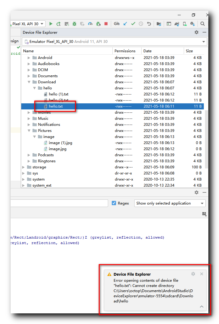 【错误记录】Android 文件查看错误 ( Error opening contents of device file ““: Cannot create directory )_error ...