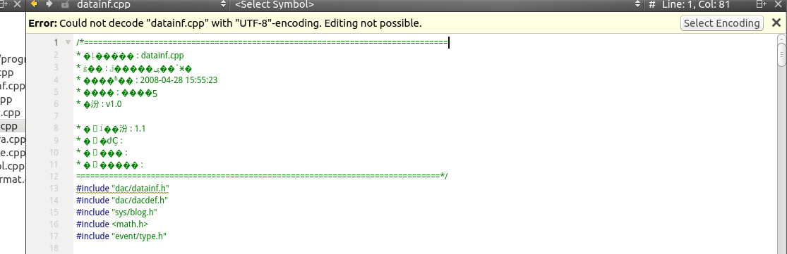 错误：Could not decode “.cpp“with “UTF-8“-encoding.Editing not possible ...