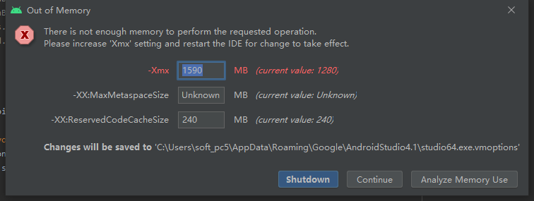 android studio软件报out of Memory详情There is not enough memory to perform the requested operation ...